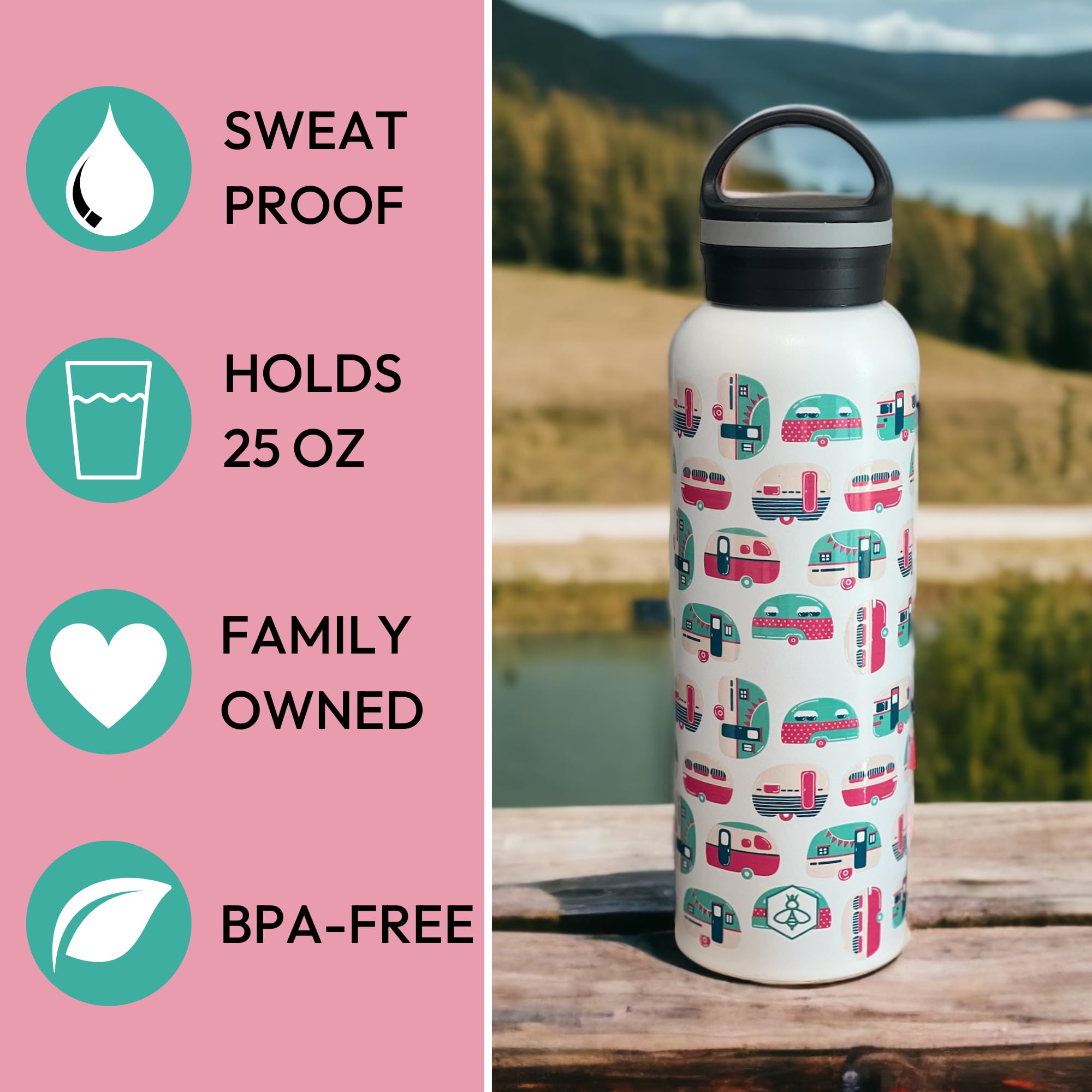 Biddlebee 25oz Insulated Water Bottle with Chug Cap & Built-In Carry Handle | Designer Printed Stainless Steel Water Bottles w/Leakproof Lid | Keeps Drinks Hot or Cold for Hours | Gifts for Women