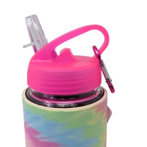 Kid's Pink Lid Water Bottle with Removable Retro Tie Dye Neoprene Sleeve, Fun Drink Bottles for School Lunches or To-Go, 8 Inches