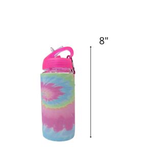 Kid's Pink Lid Water Bottle with Removable Retro Tie Dye Neoprene Sleeve, Fun Drink Bottles for School Lunches or To-Go, 8 Inches