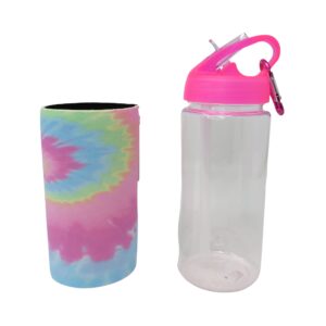 Kid's Pink Lid Water Bottle with Removable Retro Tie Dye Neoprene Sleeve, Fun Drink Bottles for School Lunches or To-Go, 8 Inches