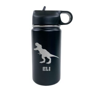 the crafty engineer customized t-rex dinosaur kid's water bottle, back to school (black)