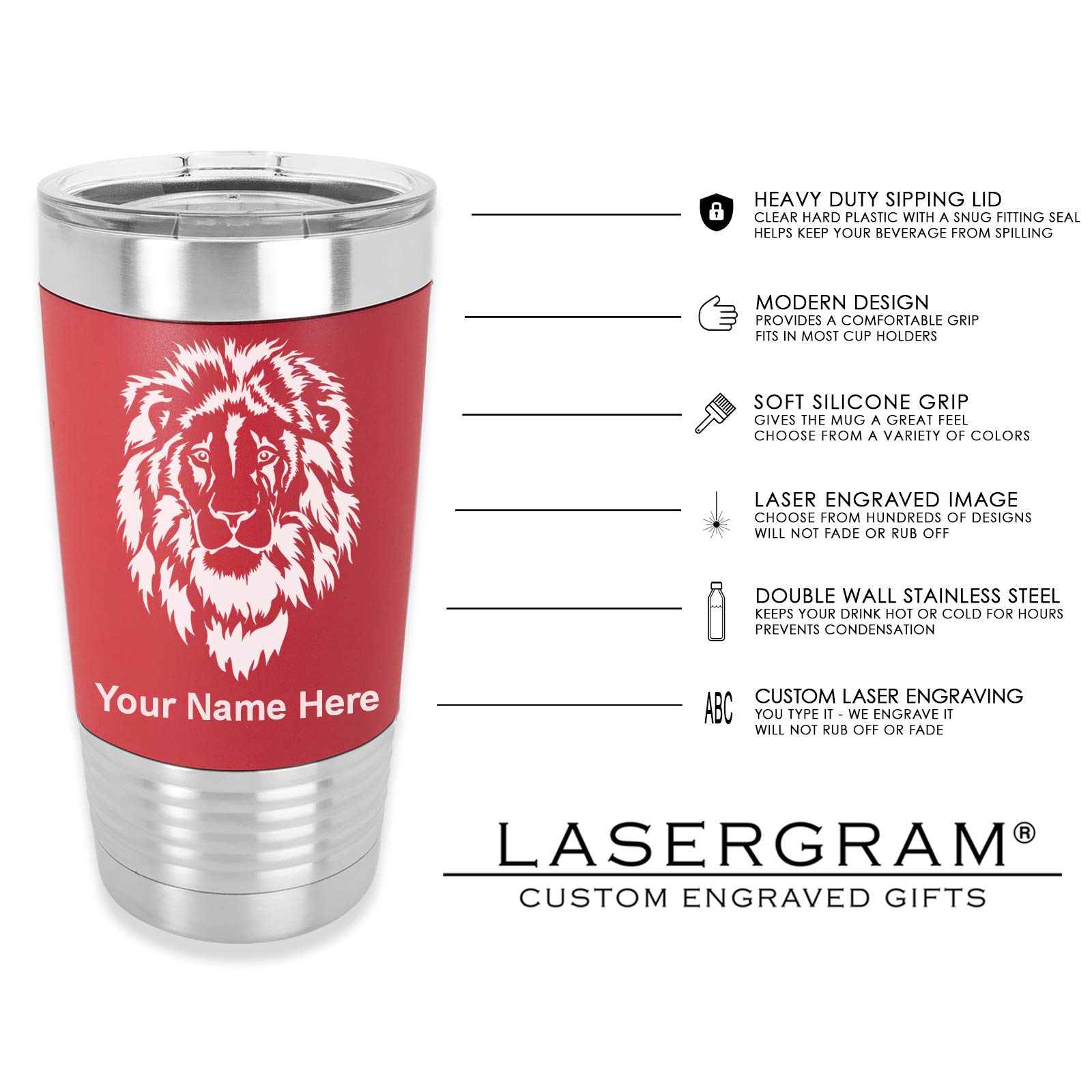 LaserGram 20oz Vacuum Insulated Tumbler Mug, Pizza, Personalized Engraving Included (Silicone Grip, Red)