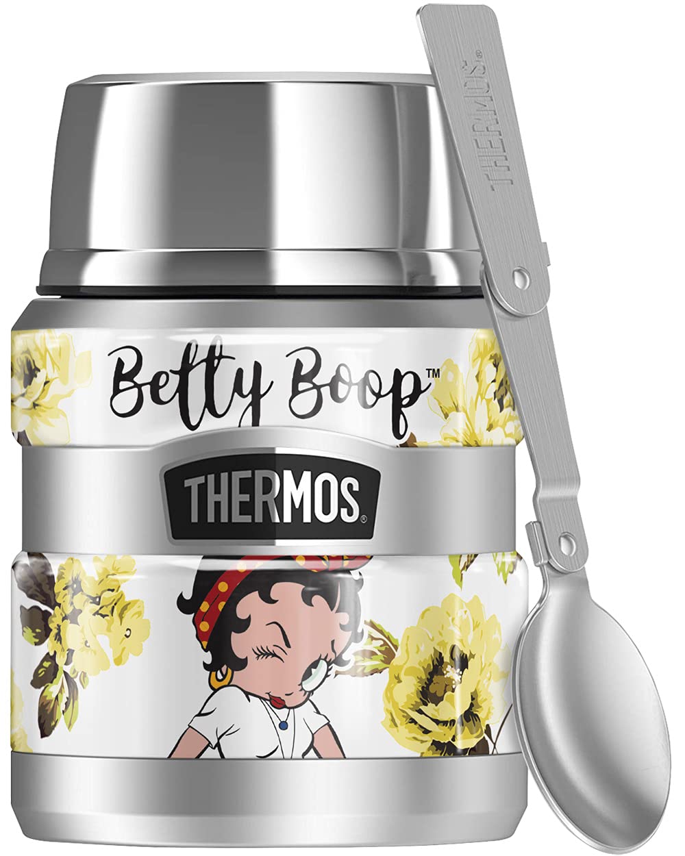 THERMOS Betty Boop Yellow Flowers STAINLESS KING Stainless Steel Food Jar with Folding Spoon, Vacuum insulated & Double Wall, 16oz