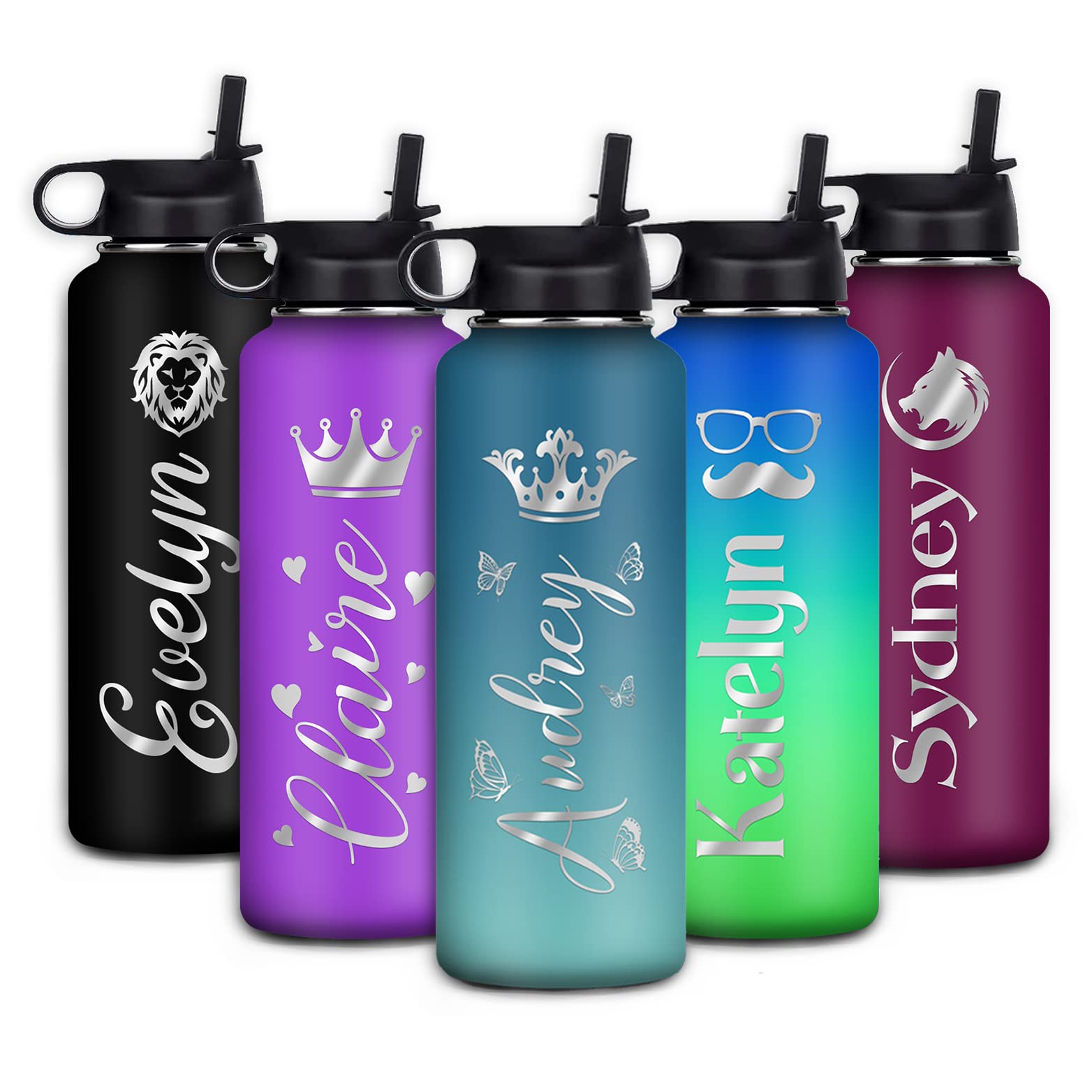 Custom Sports Water Bottle with Staw Lid for Kids Personalized Stainless Steel Water Bottle with Name Insulated Double Wall Vacuum Cup Mother's Day Graduation Gifts for Best Friend Women Men