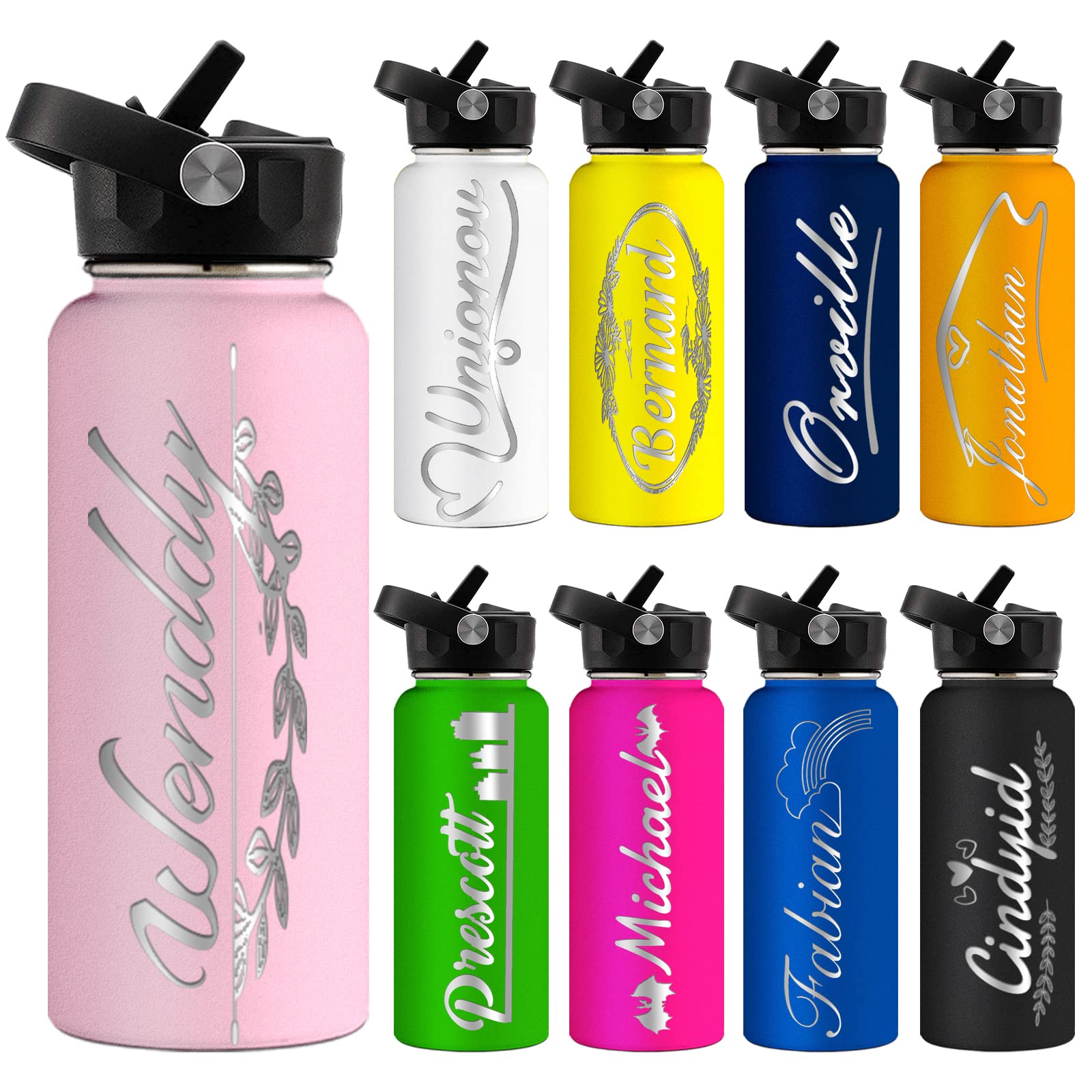 Personalized Water Bottles Customized Insulated with Straw Cover 32oz Leak Proof Custom Stainless Steel Thermos for School Sports