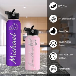 Personalized Water Bottles Customized Insulated with Straw Cover 32oz Leak Proof Custom Stainless Steel Thermos for School Sports