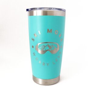 ski more worry less 20oz coffee tumbler (teal), skiing gifts for women, to go travel coffee mug, snow ski accessories fun