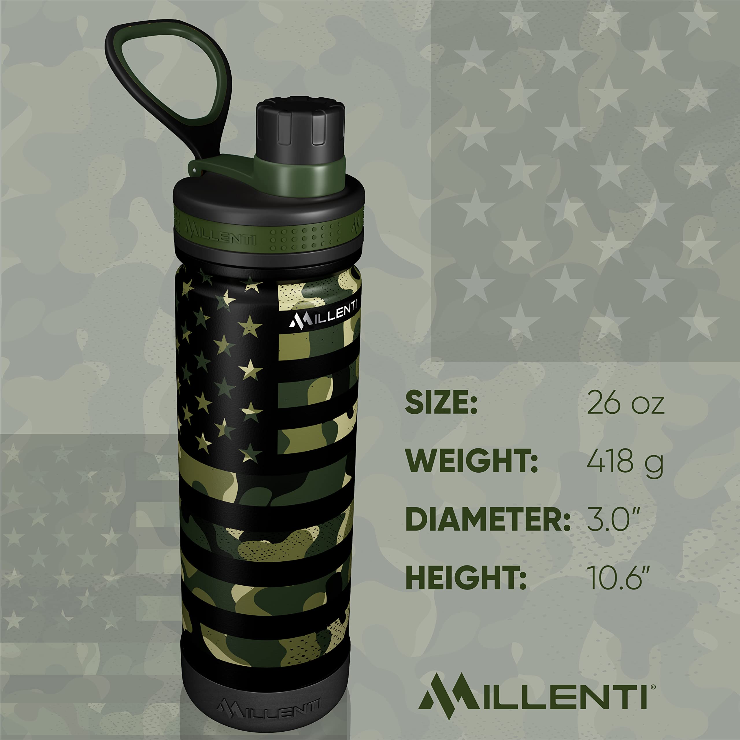 Millenti Army Camo Water-Bottle Chug-Cap - 26oz Vacuum Insulated, Stainless Steel, Double Walled, Flask Bottles (Army Camouflage) WB0826CFG