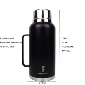 Large sport thermos water bottle with handle and Stainless Steel Lid,keep cold,Reusable, leak-proof ，71OZ Insulated water bottle， Metal Canteen，Buttonwood (black) ，2100ML