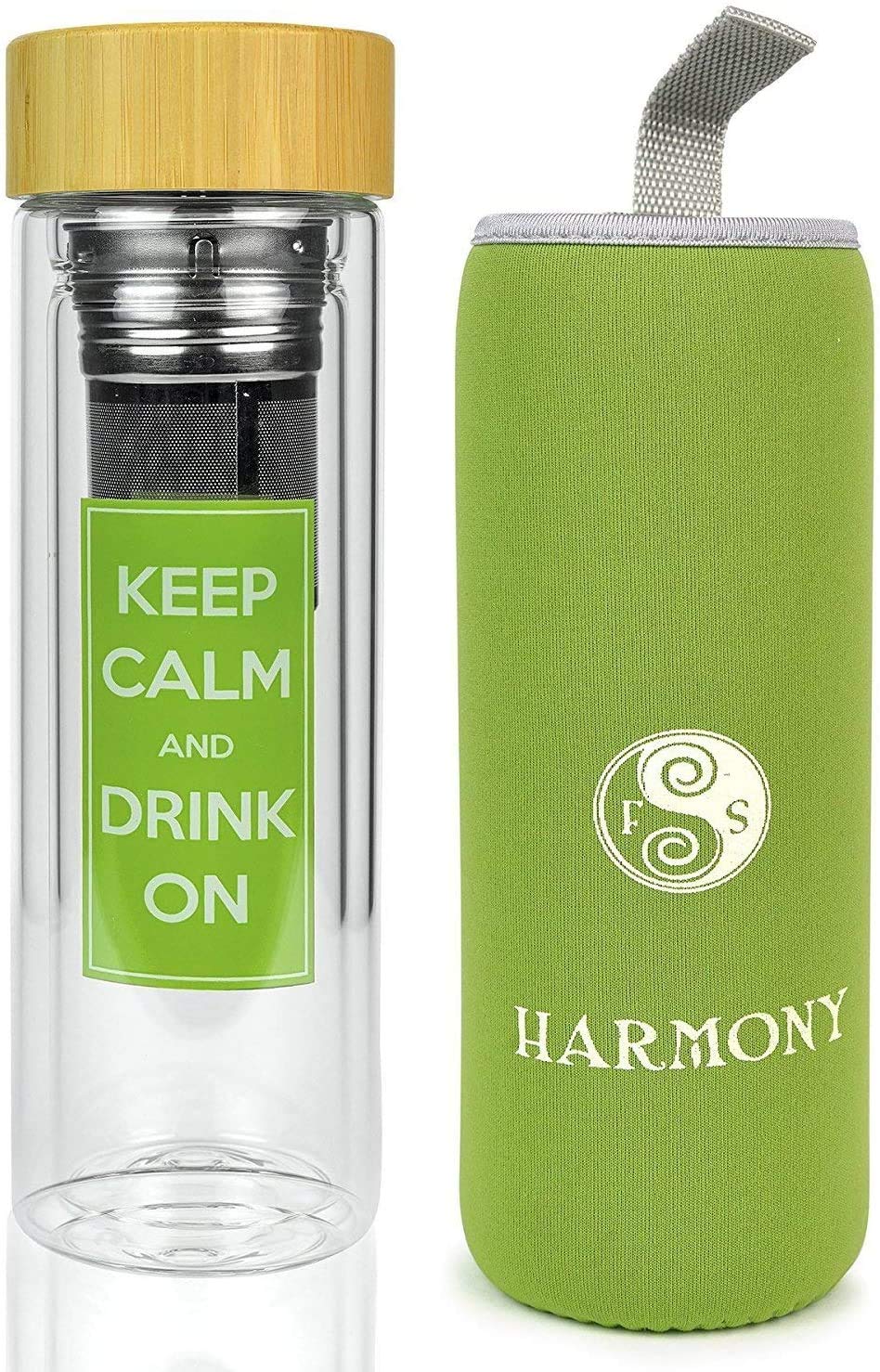 Harmony N More Best Infusion Water Bottle - Premium Fruit And Loose Leaf Tea Stainless Steel Infuser and Travel Tumbler - Double Walled Glass - No Leak Bamboo Lid - Insulating Sleeve