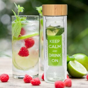 Harmony N More Best Infusion Water Bottle - Premium Fruit And Loose Leaf Tea Stainless Steel Infuser and Travel Tumbler - Double Walled Glass - No Leak Bamboo Lid - Insulating Sleeve