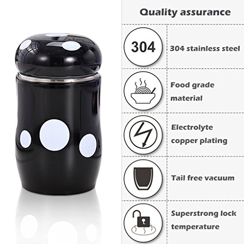 ResArea Mushroom Stainless Steel Thermos Mini Portable Water Bottle Easy to Carry Keeps Cold and Hot for Kid and Women Vacuum Insulation Proof Leak Black