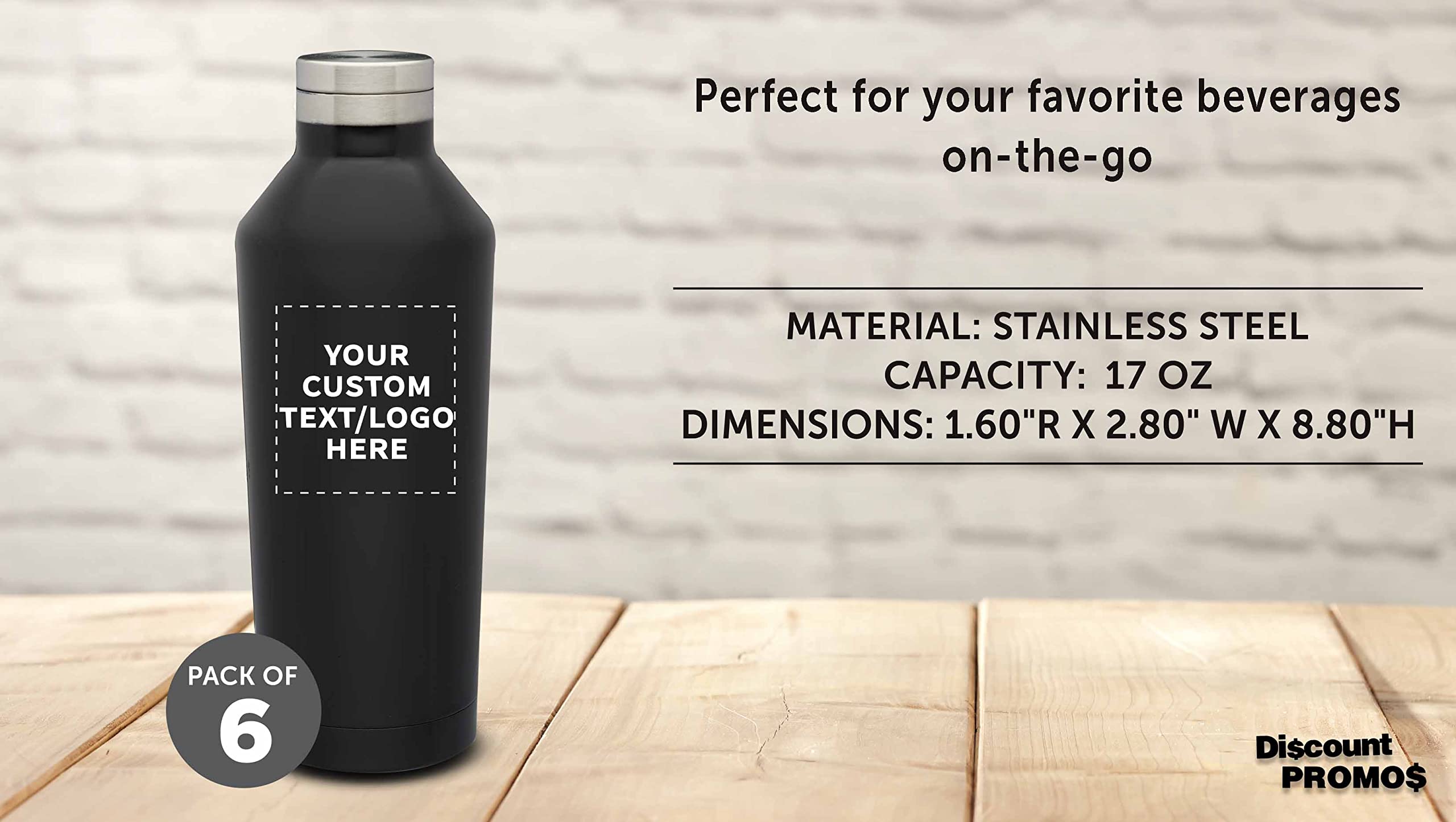 DISCOUNT PROMOS Custom Stainless Steel Water Bottles 17 oz. Set of 6, Personalized Bulk Pack - Double Wall, Perfect for Coffee, Soda, Other Hot & Cold Beverages - Black