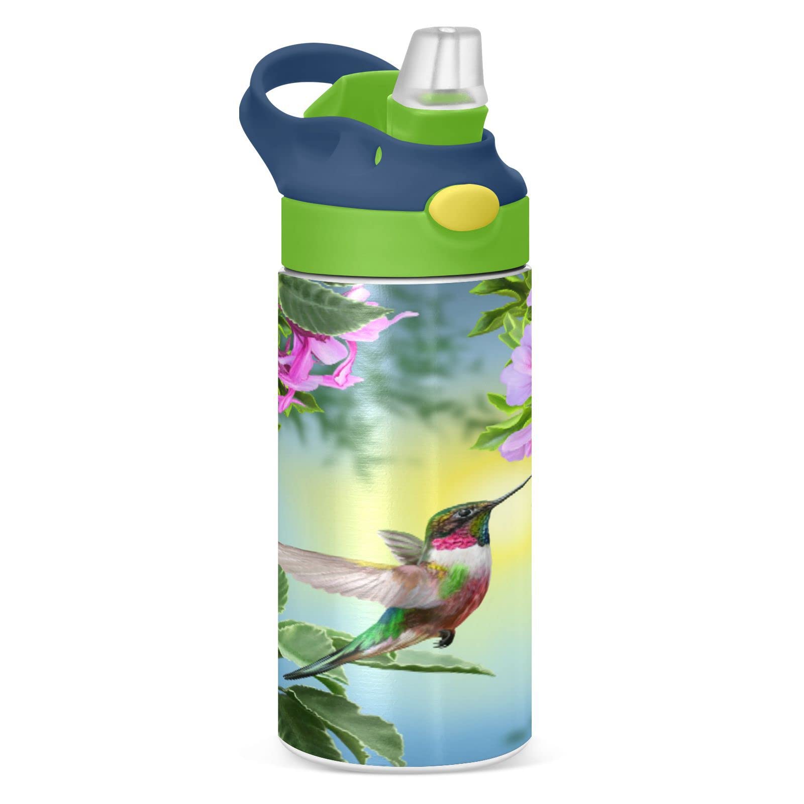 Blueangle Kids Insulated Water Bottle with Straw Lid - 12oz Double Wall Vacuum Travel Tumbler Stainless Steel Reusable Hummingbird on Pink Flowers Kids Cup for School Boy Girl（127）