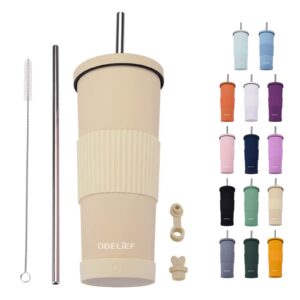 obelief 30oz insulated tumbler with lid and straw, silicone sleeve coasters and straw tips, insulated coffee mug, thermos coffee, gift for women mom girlfriend (cream)