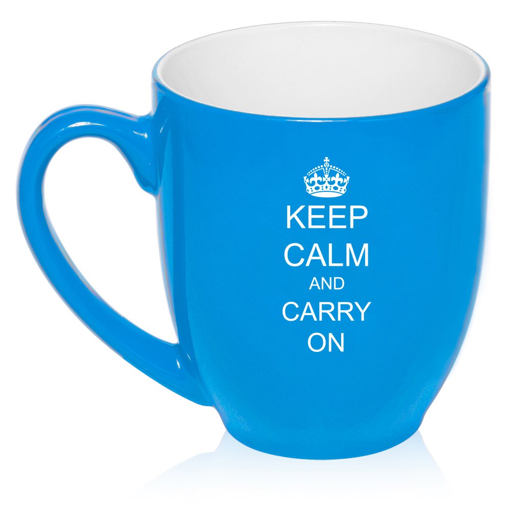 16 oz Light Blue Large Bistro Mug Ceramic Coffee Tea Glass Cup Keep Calm and Carry On Crown