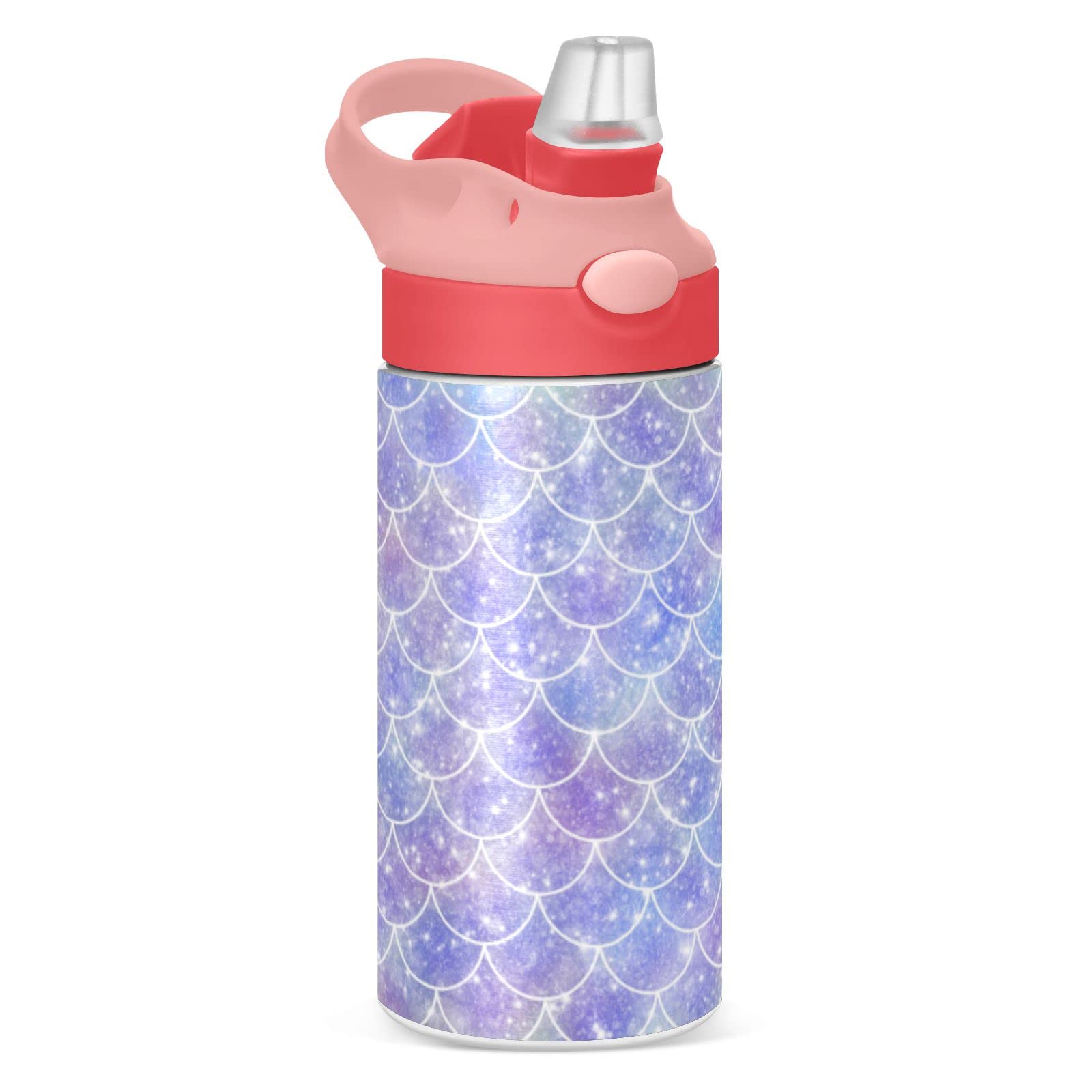 MCHIVER Mermaid Scales Kids Water Bottle with Straw Insulated Stainless Steel Kids Water Bottle Thermos for School Boys Girls Leak Proof Cups 12 oz / 350 ml Pink Top