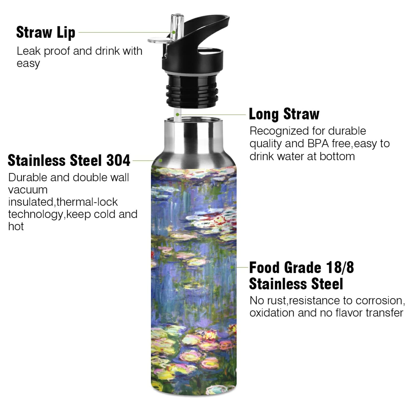 ALAZA Monet Painting Water Bottle with Straw Lid Vacuum Insulated Stainless Steel Thermo Flask Water Bottle 20oz 77