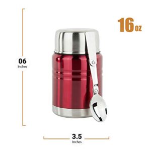 Insulated Food Thermos & Meal Container with Collapsible Spoon (16 oz.) Stainless-Steel Food Jar Hot and Cold Storage | Soup, Coffee, Water, Liquids | Airtight, Leakproof Seal,Red