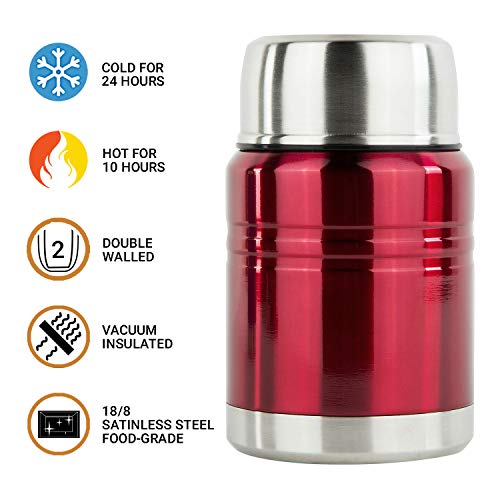 Insulated Food Thermos & Meal Container with Collapsible Spoon (16 oz.) Stainless-Steel Food Jar Hot and Cold Storage | Soup, Coffee, Water, Liquids | Airtight, Leakproof Seal,Red