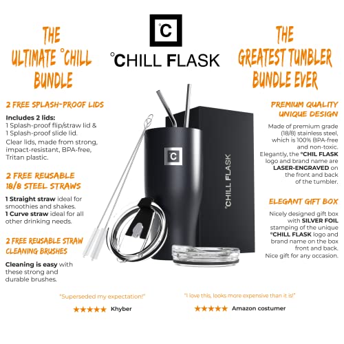 °CHILL FLASK Tumbler - 20 OZ, Vacuum Insulated, Double Walled, Stainless Steel, Hot Cold, Thermo Coffee, Tea, Water Travel Mug Container - Comes with 2 Multifunction Lids