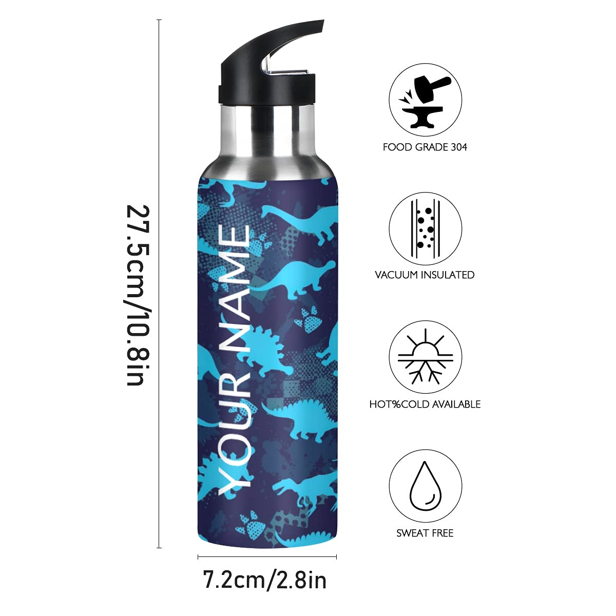 Cute Kids Dinosaurs Blue Personalized Water Bottle Double Stainless Steel Insulated Simple Customized Water Flask