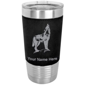 lasergram 20oz vacuum insulated tumbler mug, howling wolf, personalized engraving included (faux leather, black)