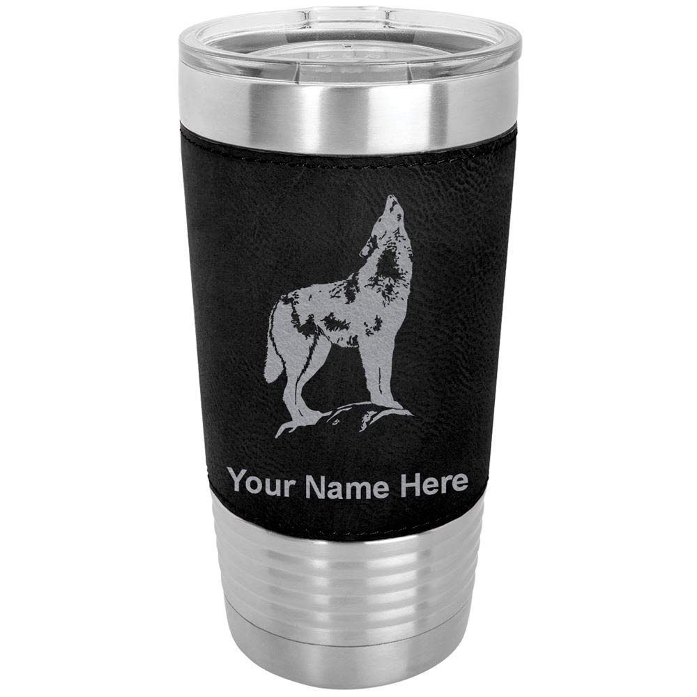 LaserGram 20oz Vacuum Insulated Tumbler Mug, Howling Wolf, Personalized Engraving Included (Faux Leather, Black)