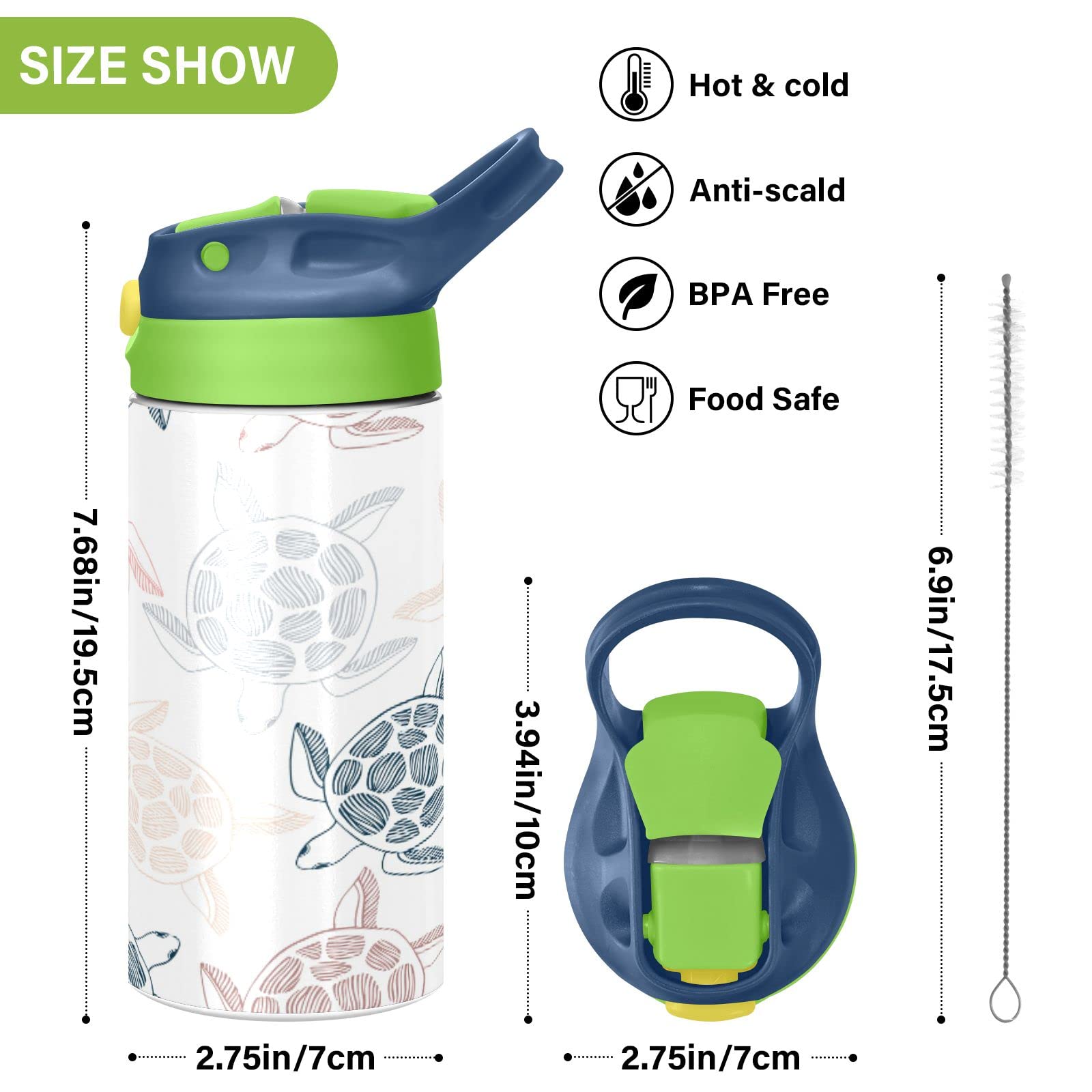 Sea Turtles Kids Water Bottle, BPA-Free Vacuum Insulated Stainless Steel Water Bottle with Straw Lid Double Walled Leakproof Flask for Girls Boys Toddlers, 12Oz