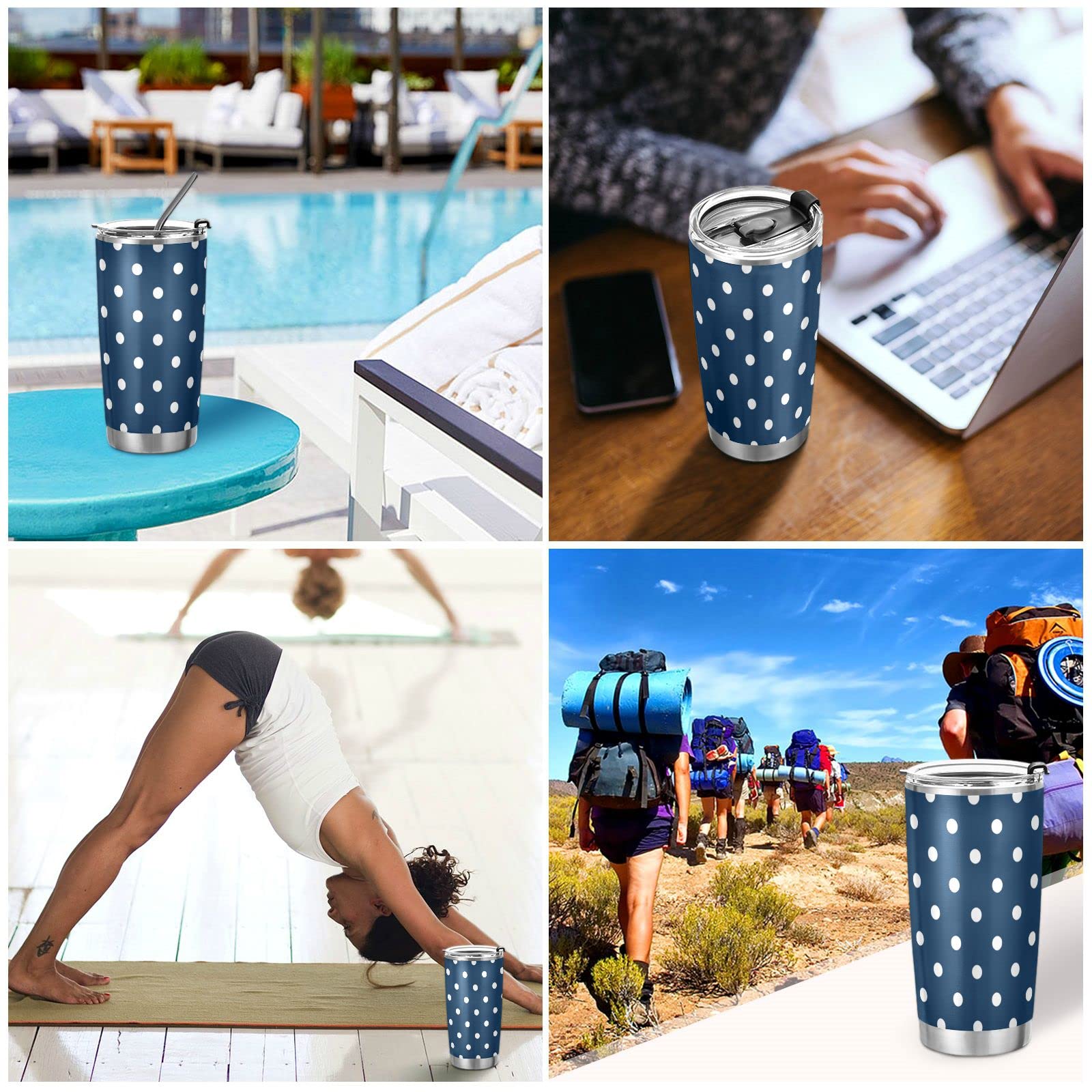 WELLDAY Navy Blue Polka Dot Stainless Steel Tumbler Cup with Straw & Lid Double Wall Vacuum Insulated Travel Mug Hot Cold Water Bottle Coffee