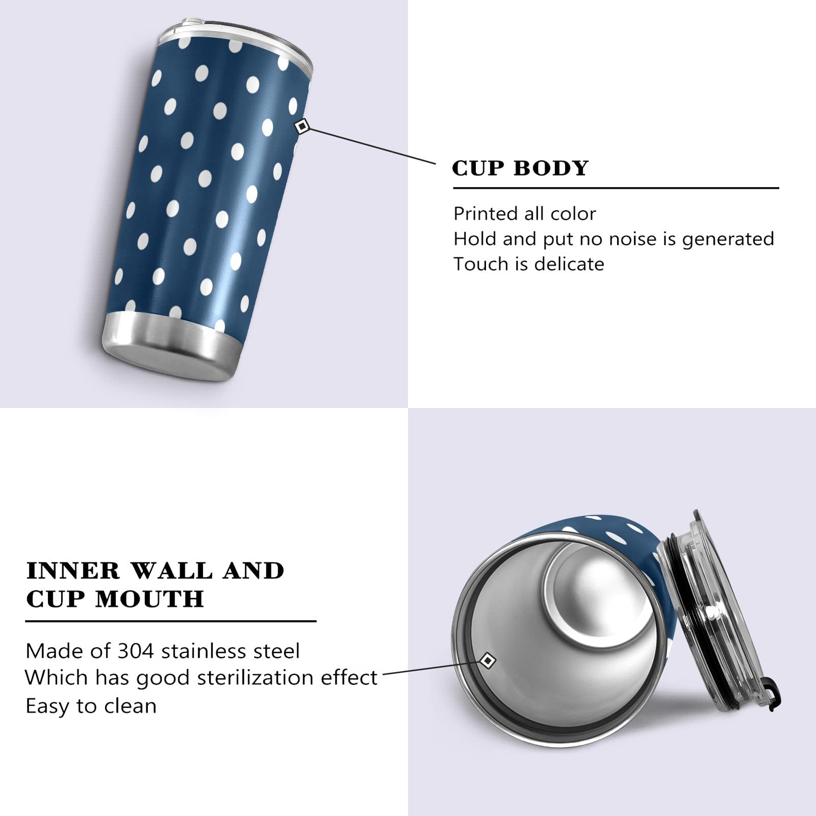 WELLDAY Navy Blue Polka Dot Stainless Steel Tumbler Cup with Straw & Lid Double Wall Vacuum Insulated Travel Mug Hot Cold Water Bottle Coffee