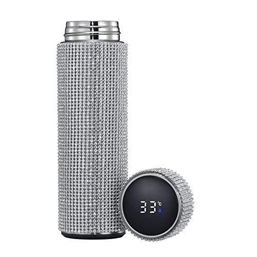 EKUEE 500ml Creative Diamond Thermos Bottle Water Bottle Stainless Steel Smart Temperature Display Vacuum Flask Mug Gift for Men Women (Silver A 500ML)