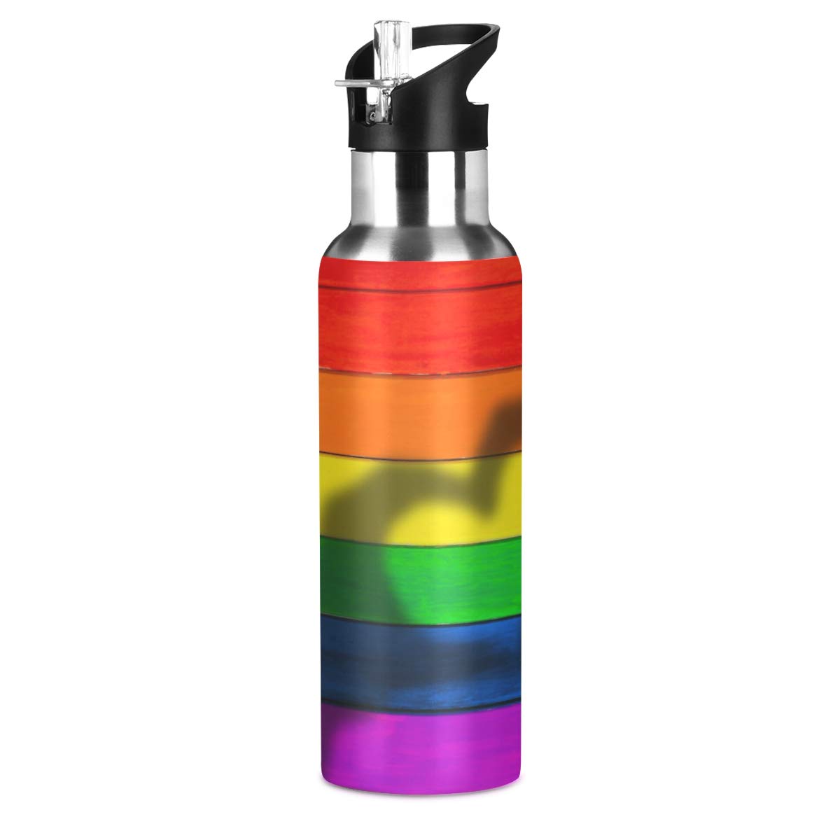 ALAZA Water Bottle Stainless Steel, Vacuum Insulated Water Bottle with Straw Rainbow Gay Peace Pride Heart Love On Wooden