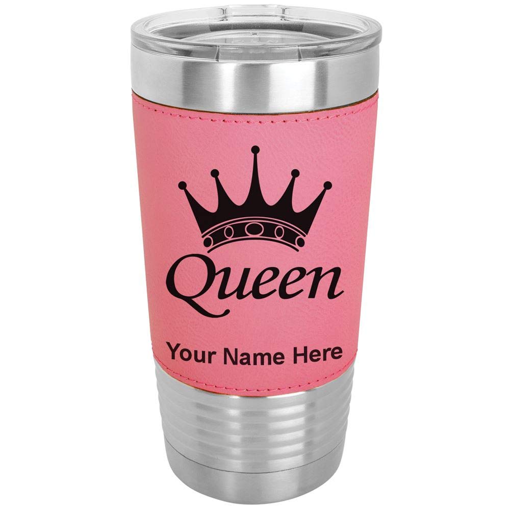 LaserGram 20oz Vacuum Insulated Tumbler Mug, Queen Crown, Personalized Engraving Included (Faux Leather, Pink)