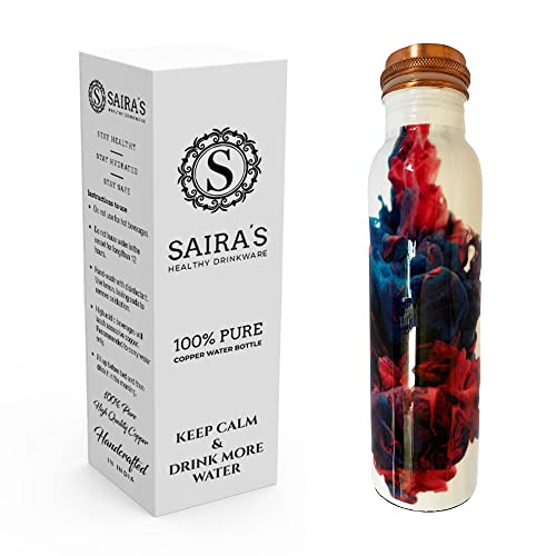 SAIRAs, 100percent PURE COPPER WATER BOTTLE LARGE 32 OZBoost Your Health Handcrafted To PerfectionKeep Hydrated Ayurvedic Water BottleLeak Proof Design, WHITE