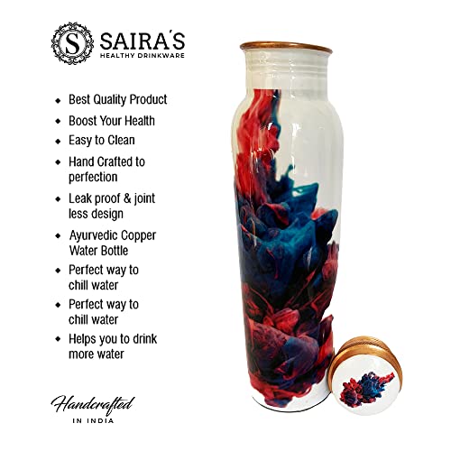 SAIRAs, 100percent PURE COPPER WATER BOTTLE LARGE 32 OZBoost Your Health Handcrafted To PerfectionKeep Hydrated Ayurvedic Water BottleLeak Proof Design, WHITE