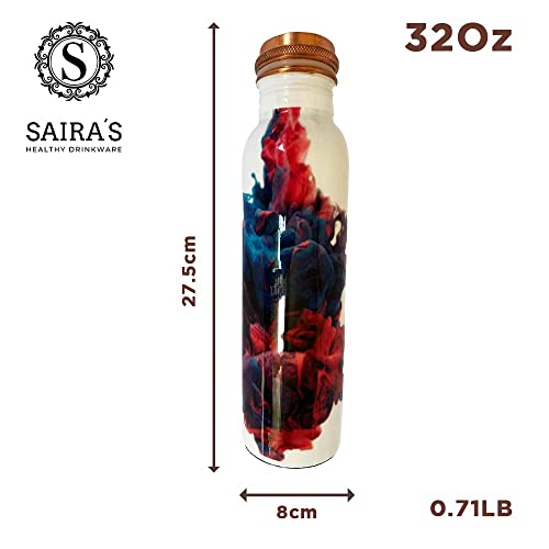 SAIRAs, 100percent PURE COPPER WATER BOTTLE LARGE 32 OZBoost Your Health Handcrafted To PerfectionKeep Hydrated Ayurvedic Water BottleLeak Proof Design, WHITE