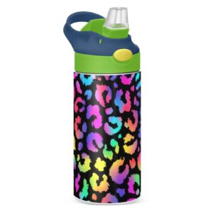 alaza rainbow leopard print cheetah colorful kids water bottles with lids straw insulated stainless steel water bottles double walled leakproof tumbler travel cup for girls boys toddlers 12 oz / 350 m