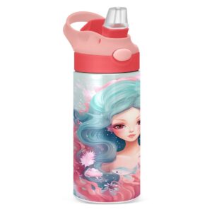 nander mermaid insulated water bottle with straw lid for kids, vacuum stainless steel metal water bottles for toddlers, leak proof bpa-free water flask tumbler