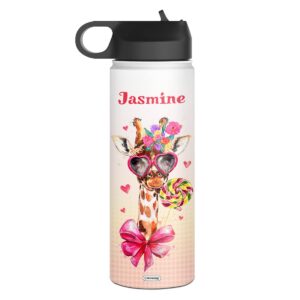 wowcugi personalized giraffe watercolor water bottle for women girls kids bottles reminder travel cup 12oz 18oz 32oz custom giraffe gifts for animal lovers back to school birthday christmas