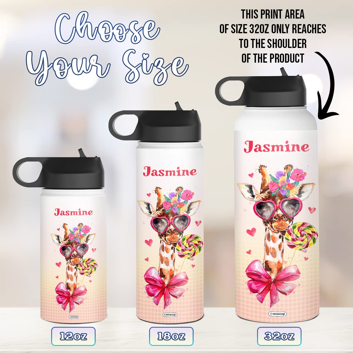 wowcugi Personalized Giraffe Watercolor Water Bottle for Women Girls Kids Bottles Reminder Travel Cup 12oz 18oz 32oz Custom Giraffe Gifts for Animal Lovers Back To School Birthday Christmas