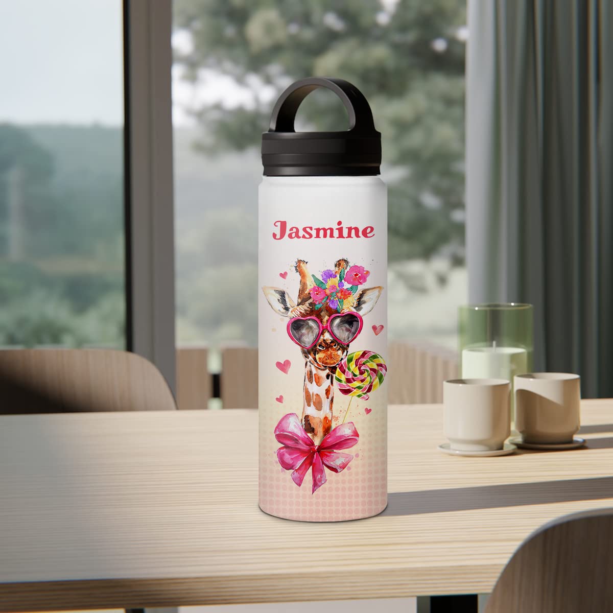 wowcugi Personalized Giraffe Watercolor Water Bottle for Women Girls Kids Bottles Reminder Travel Cup 12oz 18oz 32oz Custom Giraffe Gifts for Animal Lovers Back To School Birthday Christmas