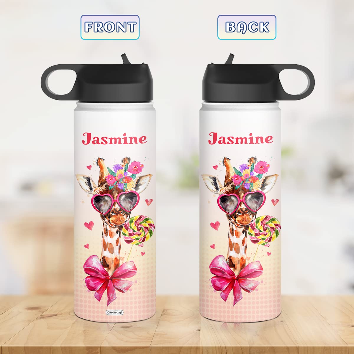 wowcugi Personalized Giraffe Watercolor Water Bottle for Women Girls Kids Bottles Reminder Travel Cup 12oz 18oz 32oz Custom Giraffe Gifts for Animal Lovers Back To School Birthday Christmas