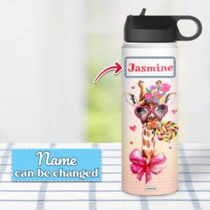 wowcugi Personalized Giraffe Watercolor Water Bottle for Women Girls Kids Bottles Reminder Travel Cup 12oz 18oz 32oz Custom Giraffe Gifts for Animal Lovers Back To School Birthday Christmas