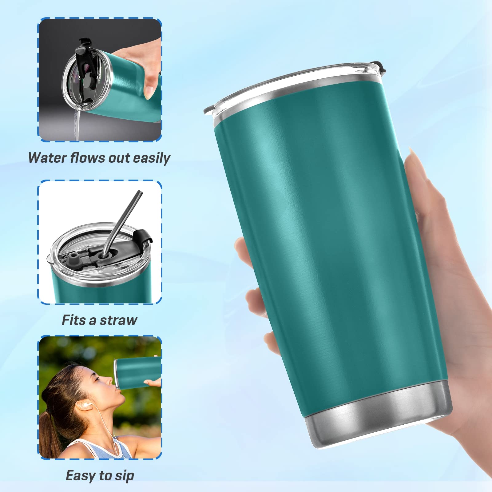 WELLDAY Plain Dark Teal Green Solid Color Stainless Steel Tumbler Cup with Straw & Lid Double Wall Vacuum Insulated Travel Mug Hot Cold Water Bottle Coffee Drinks Cup 20oz