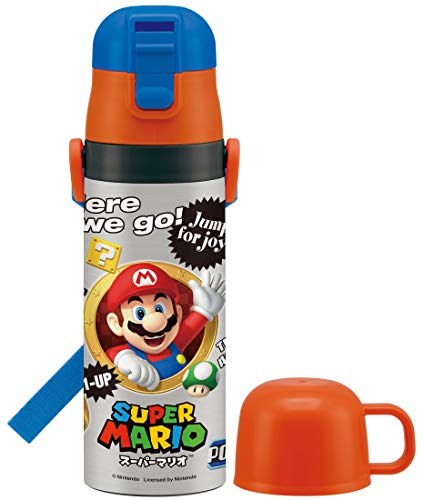 Skater SKDC4 Children's Water Bottle, 2-Way, Direct Drinking, One-Touch Cup Included, Super Mario, Diameter 2.7 x Height 9.1 inches (68 x 230 mm), 15.2 fl oz (430 ml), Stainless Steel, Kids Boys