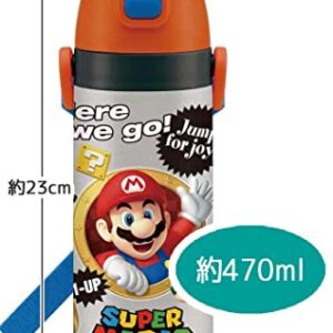 Skater SKDC4 Children's Water Bottle, 2-Way, Direct Drinking, One-Touch Cup Included, Super Mario, Diameter 2.7 x Height 9.1 inches (68 x 230 mm), 15.2 fl oz (430 ml), Stainless Steel, Kids Boys