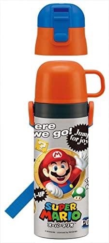 Skater SKDC4 Children's Water Bottle, 2-Way, Direct Drinking, One-Touch Cup Included, Super Mario, Diameter 2.7 x Height 9.1 inches (68 x 230 mm), 15.2 fl oz (430 ml), Stainless Steel, Kids Boys