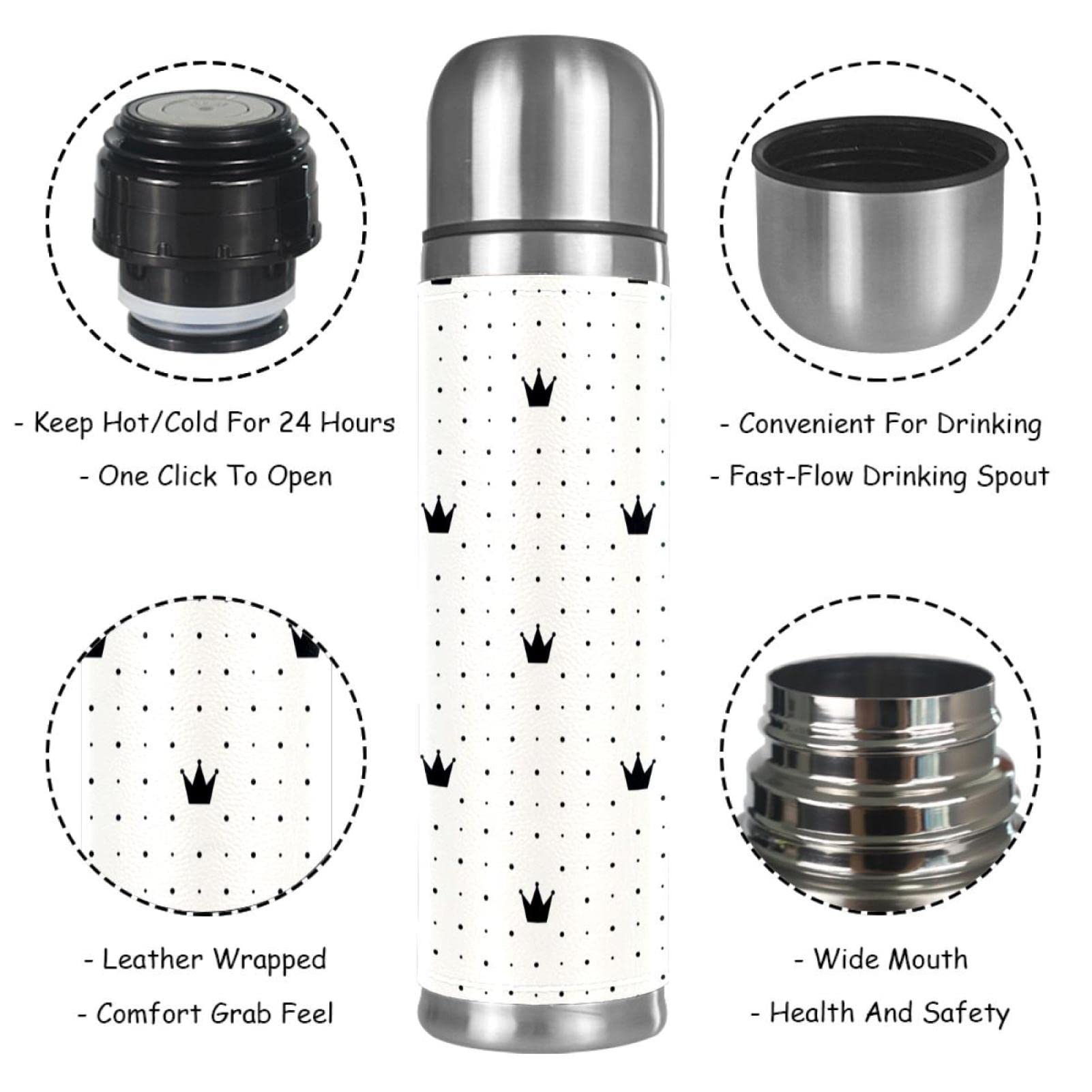 Stainless Steel Leather Vacuum Insulated Mug Crown Thermos Water Bottle for Hot and Cold Drinks Kids Adults 16 Oz