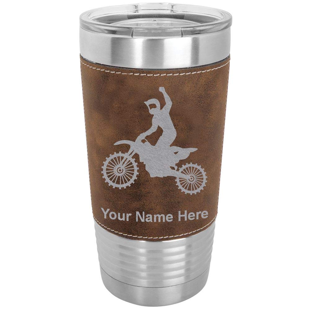 LaserGram 20oz Vacuum Insulated Tumbler Mug, Motocross, Personalized Engraving Included (Faux Leather, Rustic)